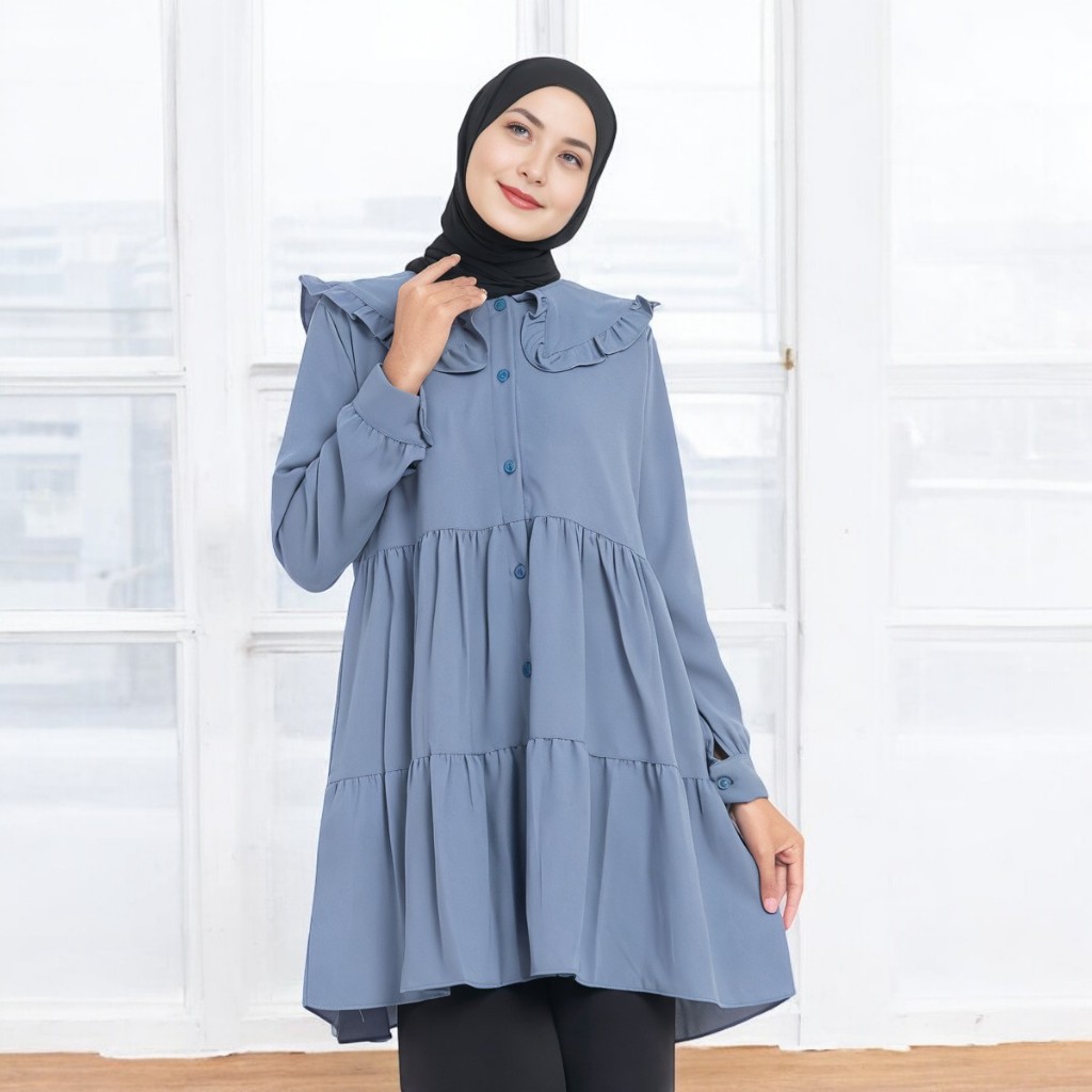 Jual Nazia Tunik Wanita Korean Style Lengan Panjang Ruffle Serut Atasan ...