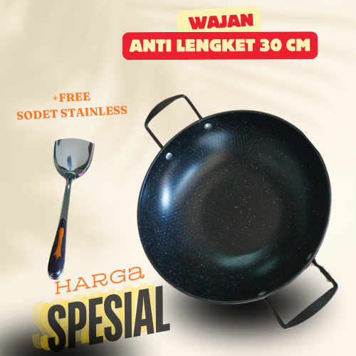 Jual wajan hitam enamel anti lengket 30 cm free sodet stainless ...