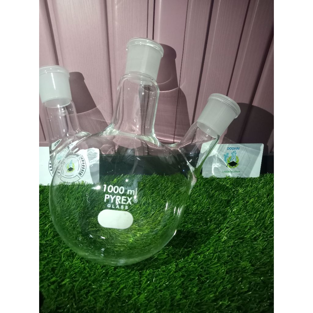 Jual Boiling Flask 3 neck Pyrex 1000ml, Labu bulat 2 leher alas bulat 1 ...