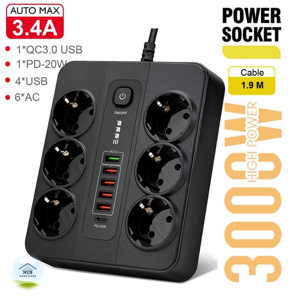 Jual Power Strip Stop Kontak Colokan Listrik 6 Plug EU USB 250V 3000W | Shopee Indonesia