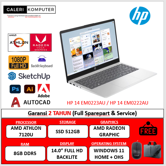 Jual LAPTOP GAMING HP 14 EM0222AU AMD ATHLON 7120U 8GB DDR5 512GB 14.0 ...