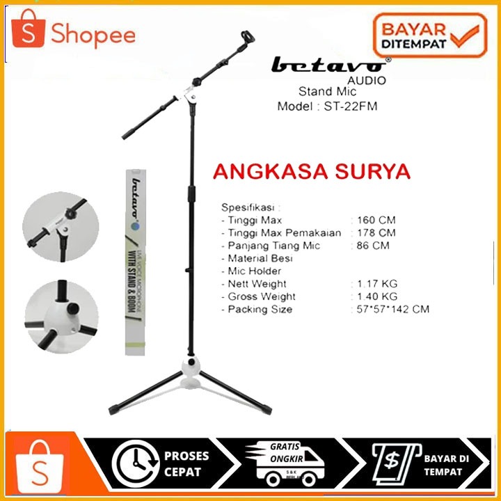 Jual Stand Mic Panjang BETAVO ST22FM ORIGINAL FULL BESI ST22 FM / ST 22 FM Lantai Kaki 3 Tiang ...