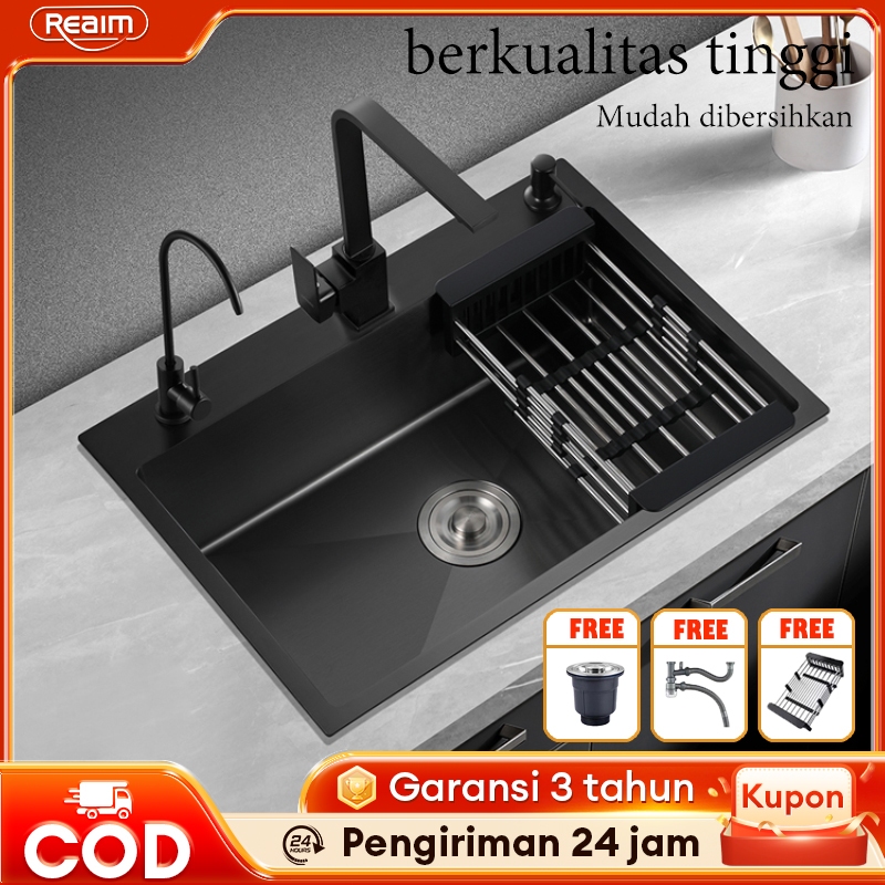 Jual Reaim Kitchen Sink Wastafel Stainless Hitam 304 Paket High Quality ...