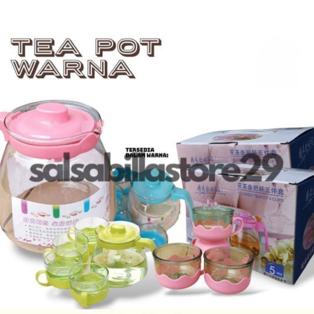 Jual TEA POT KACA SET 5IN1 / TEAPOT / GELAS TEH KACA / TEAPOT WARNA ...