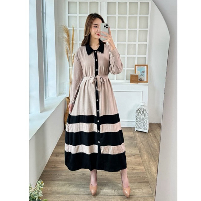 Jual MIDI DRESS LINEN KANCING AKTIF DANIA WARNA POLOS KOMBINASI TANGAN PANJANG CANTIK MODELLANO ...