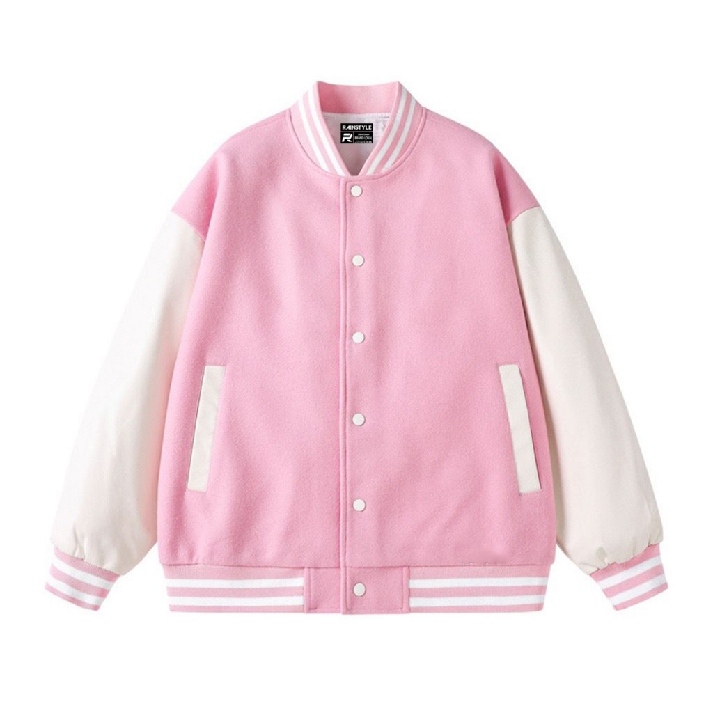 Jual Rainstyle - Jaket Varsity Polos Pink Putih Unisex | Shopee Indonesia