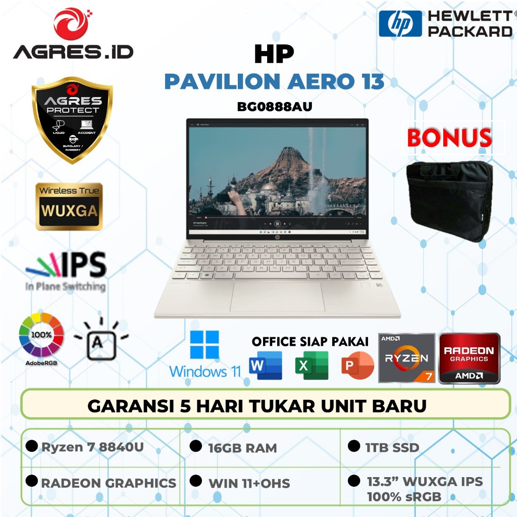 Jual HP Pavilion Aero 13 Ryzen 7 8840 16GB 1TB W11+OHS 13.3WUXGA IPS 2Y ...