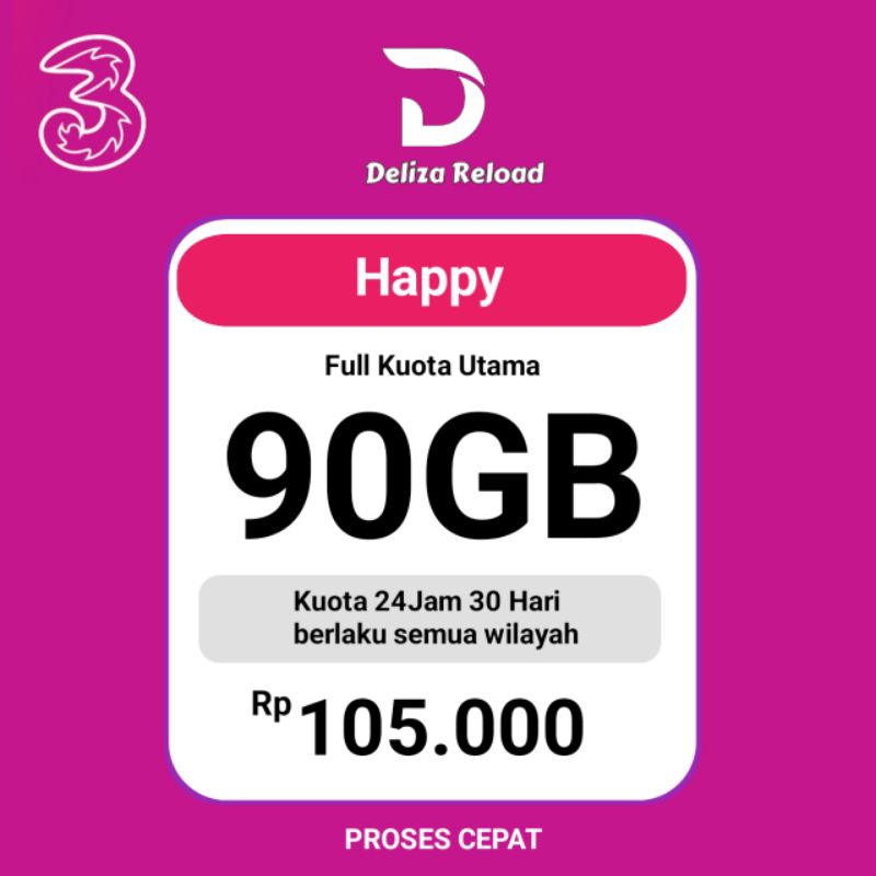 Jual KUOTA TRI HAPPY PAKET DATA 90GB 30HARI ALL ZONA | Shopee Indonesia