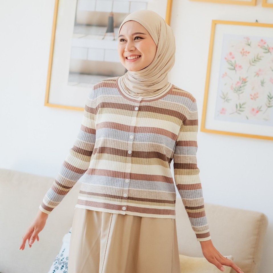 Jual MKY CLOTHING CARDIGAN RAJUT GARIS GARIS LEHER BULAT KARDIGAN ...