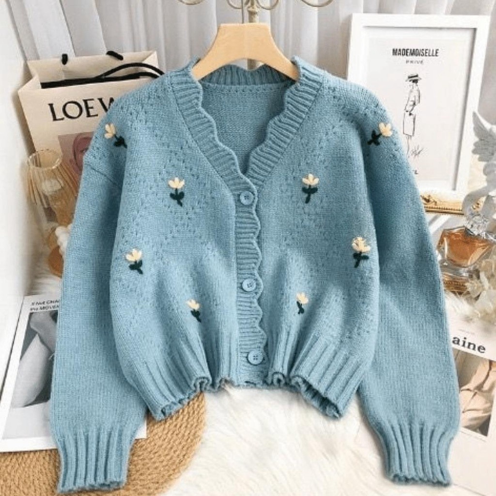 Jual Cardigan Crop Flower Premium Wanita Atasan Rajut Sweater Knitwear Outer | Shopee Indonesia
