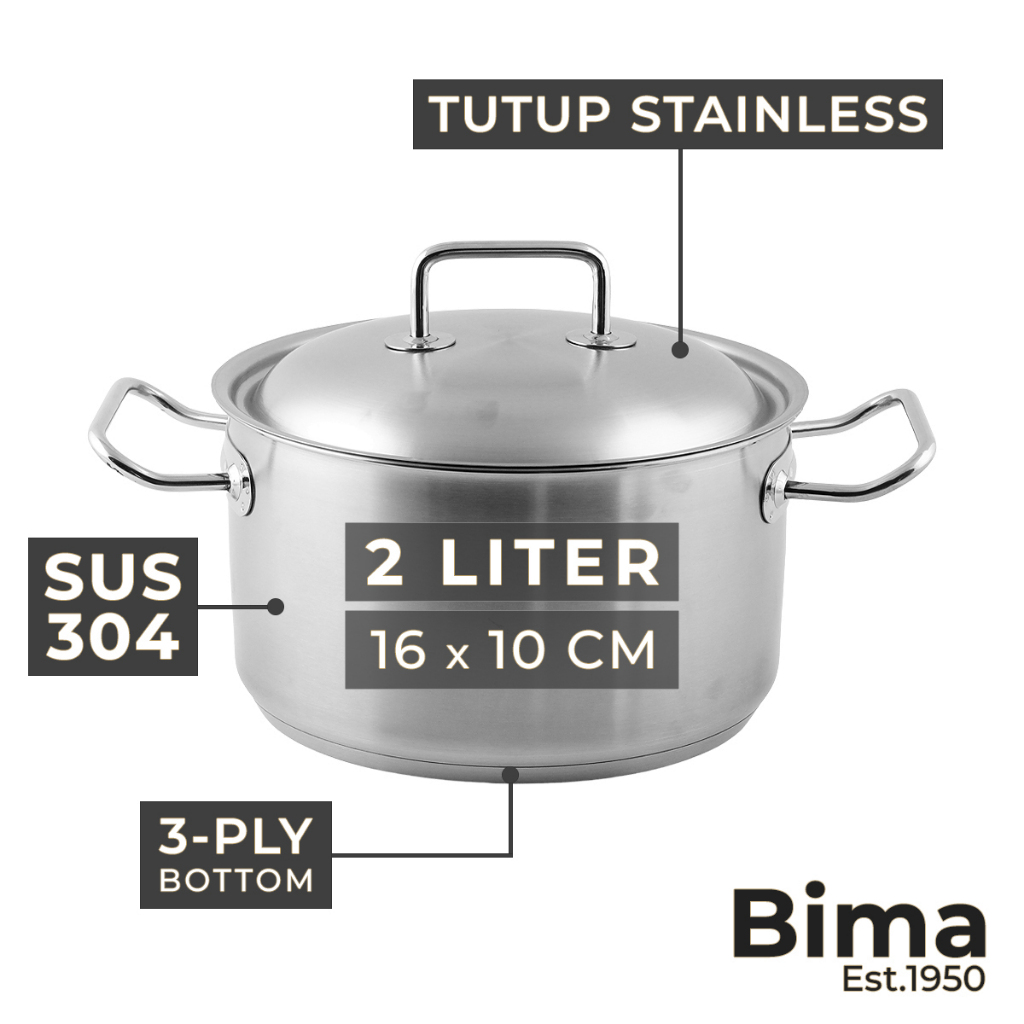 Jual BIMA Panci Stainless Steel 2 Liter SUS 304 Saucepot 16 x 10 CM ...