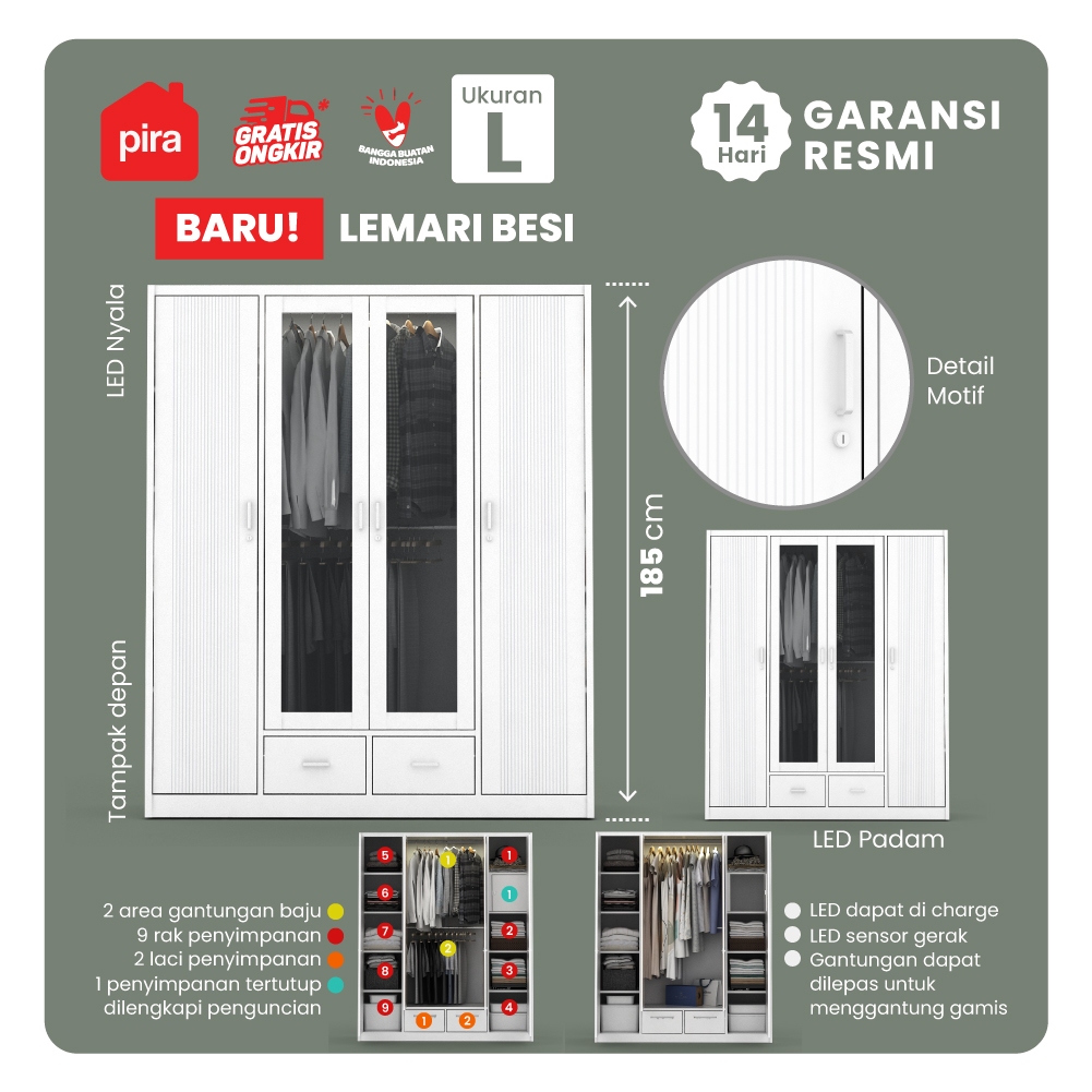 Jual PIRA - LINIO 4P FGD MWD Lemari Pakaian Besi 4 Pintu dengan Laci ...