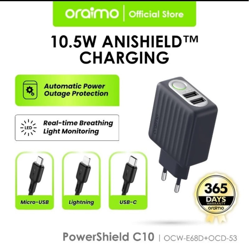 Jual oraimo Charger Dual Port 10.5W OCW-E68D AniShield Outage ...