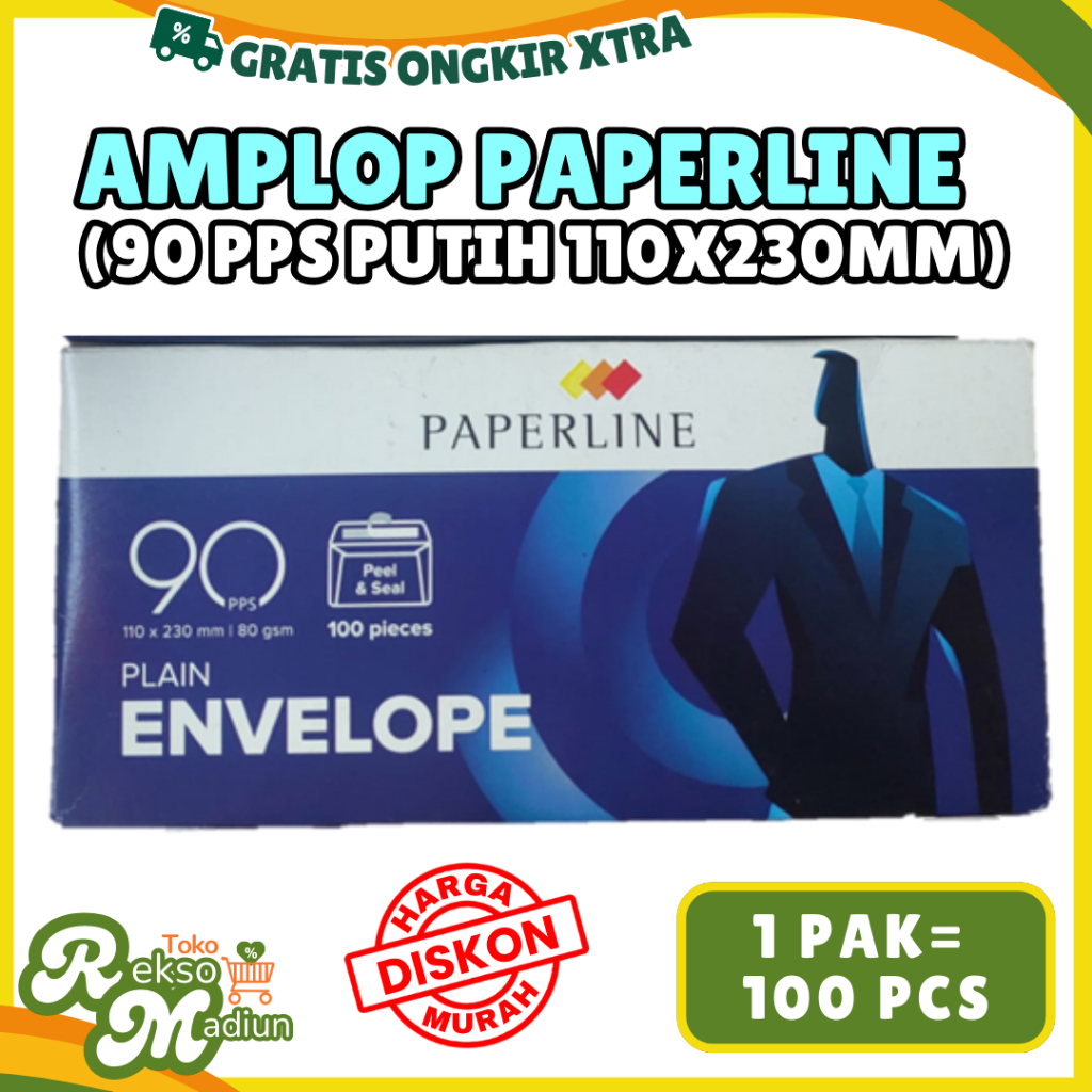 Jual AMPLOP PUTIH PAPERLINE 90 PPS Polos Perekat / 11 x 23 cm (1 Pak Isi 100 PCS) Dus Biru ...