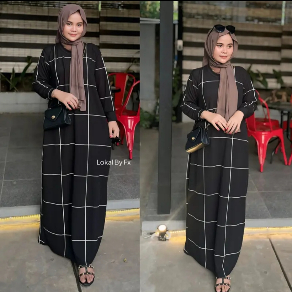 Jual Gamis Muslim Knit JPN Motif Salur Kotak Lengan Panjang Rib Terbaru Dress Kondangan | Shopee ...