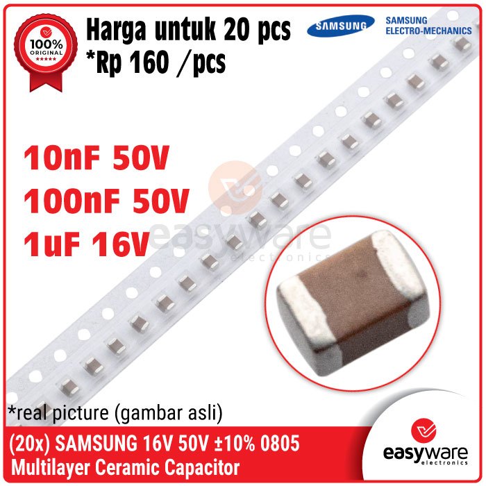Jual 20pcs SAMSUNG 0805 Capacitor WALSIN Capacitor 16V 50V ±10% X7R ...