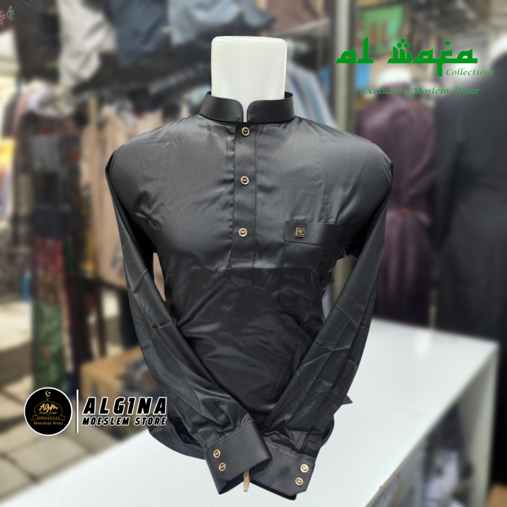 Jual Koko Al Wafa Hitam Lengan Panjang Manset Bahan Satin Korea Kancing ...