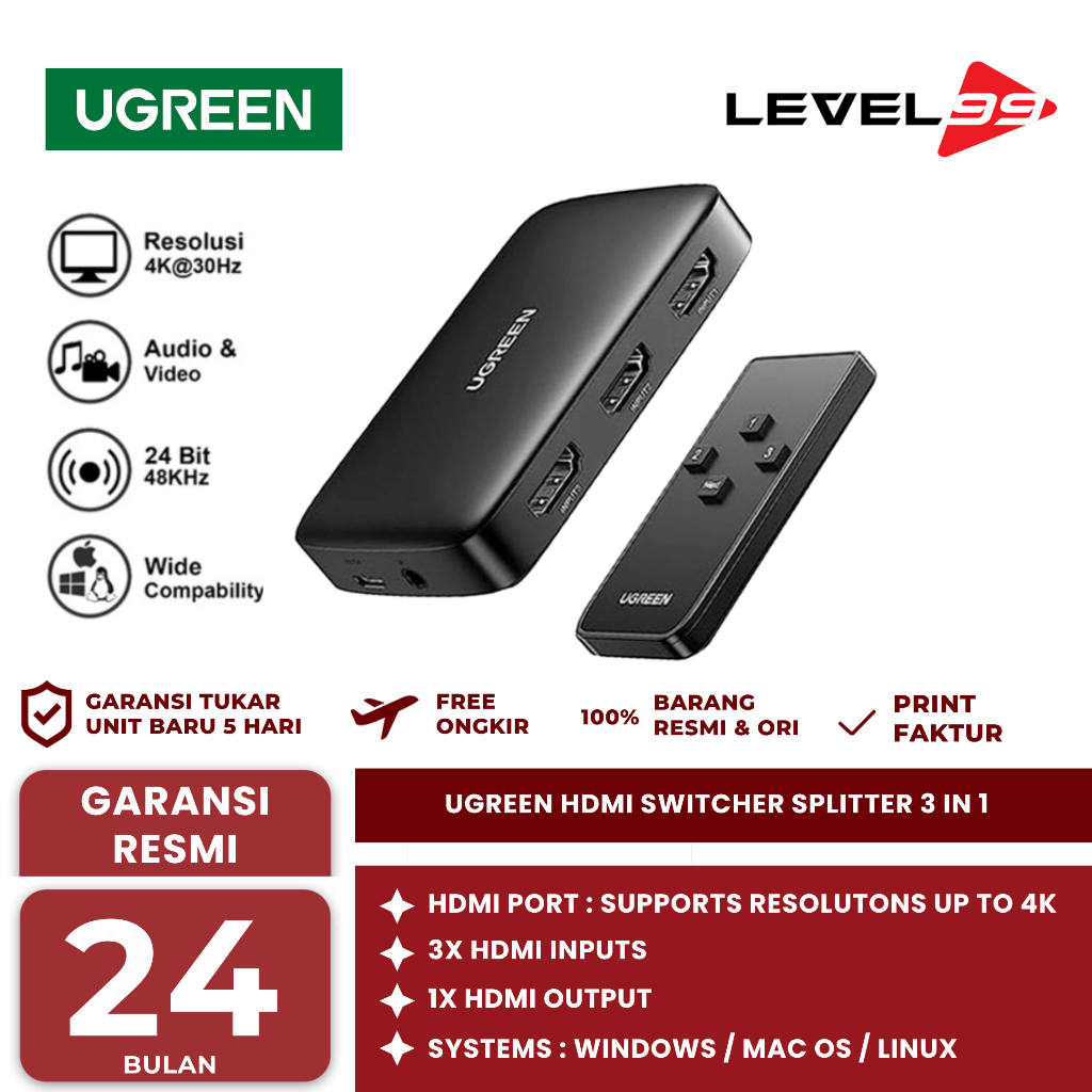 Jual Ugreen Hdmi Switch 3 In 1 Out Switcher Splitter 4K 30Hz Hd Resolution 3D Display - 80125 ...
