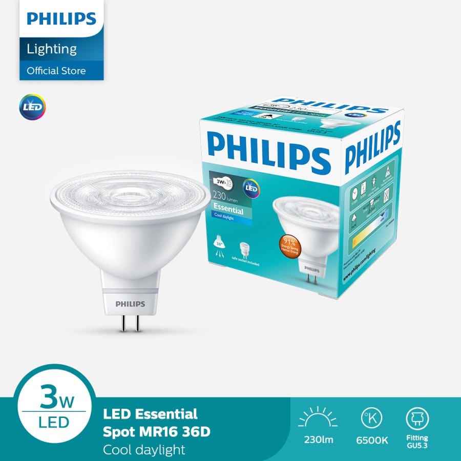 Jual Philips Lampu Essential LED MR16 GU 5.3 3-35W 36D Putih | Shopee Indonesia