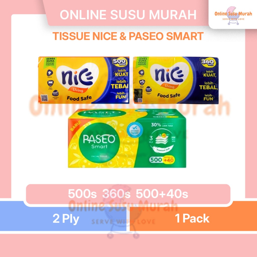 Jual TISSUE NICE 500s 360s 2 PLY | PASEO SMART 500+ EXTRA 40s 3 PLY ...