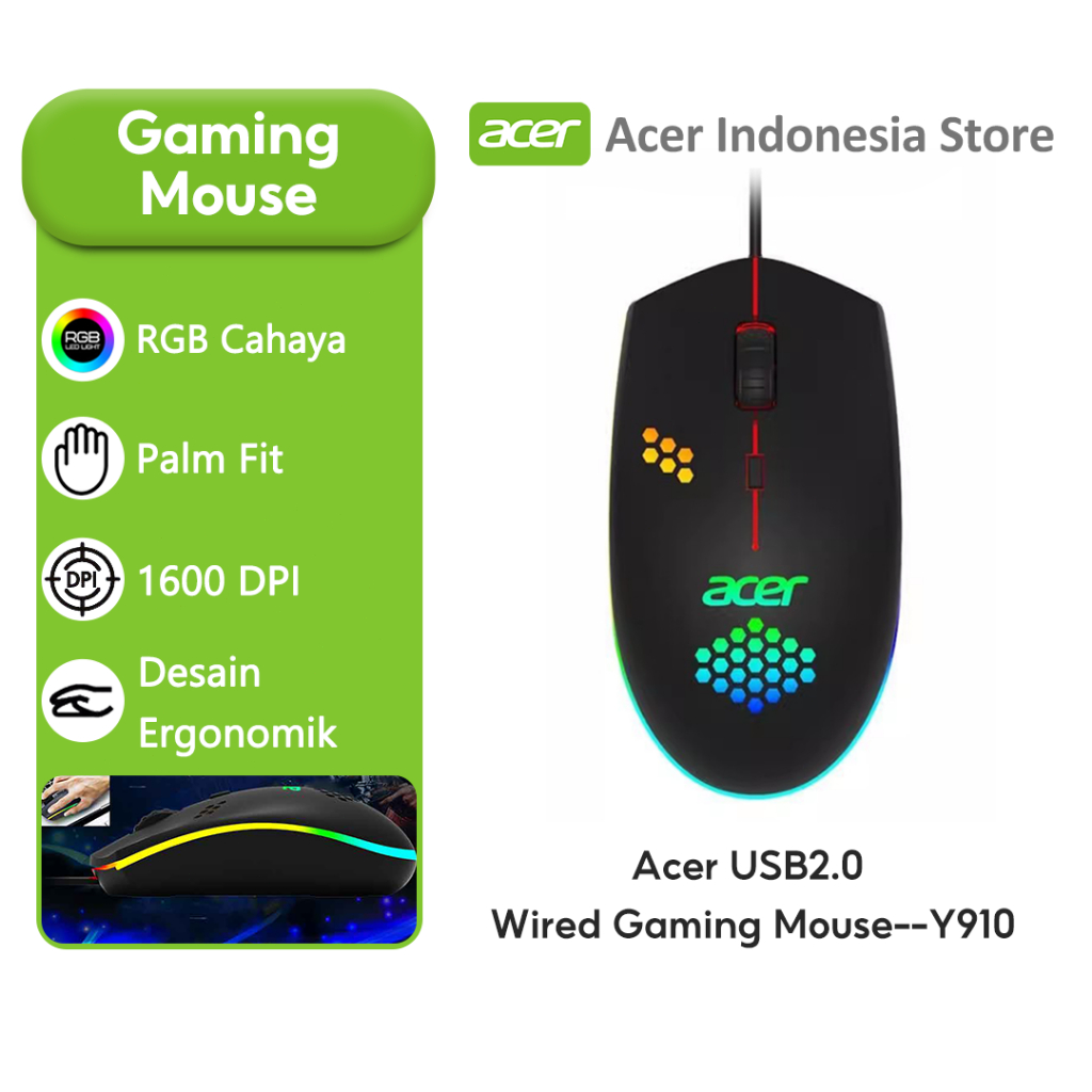 Jual Acer Wired Mouse Y910 dengan RGB Light USB2.0 Interface,Ergonomic ...