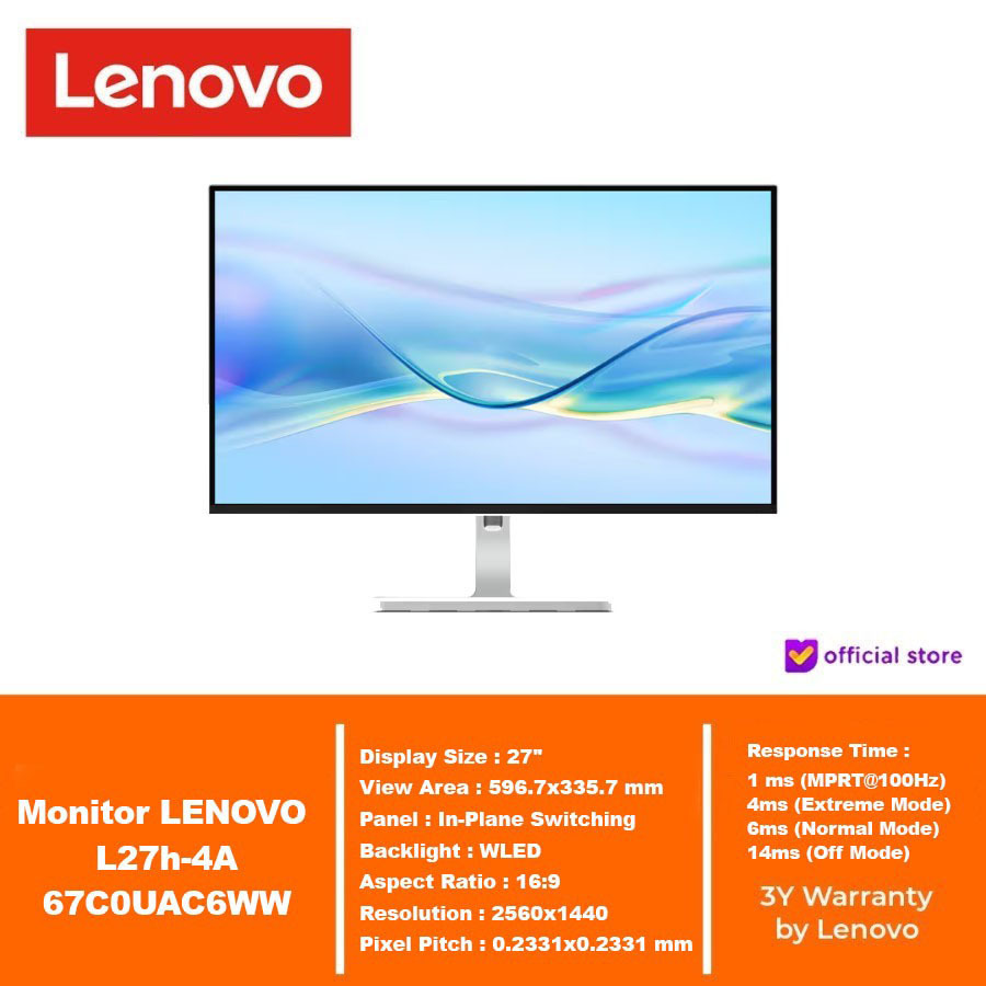 Jual Monitor LENOVO L27h-4A 27 QHD 100Hz 1ms 67C0UAC6WW | Shopee Indonesia