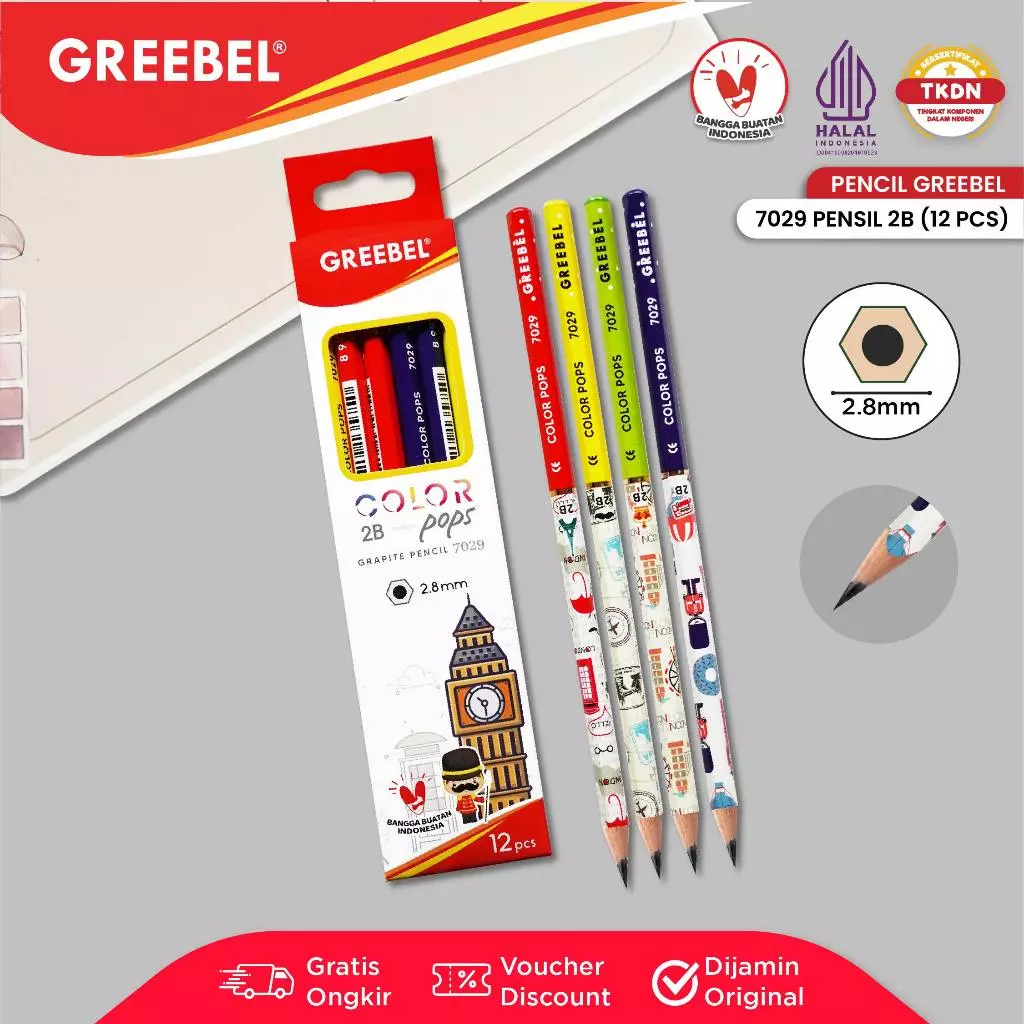 Jual GREEBEL Pensil Kayu 2B 7029 Color Pop (12pc) | Shopee Indonesia