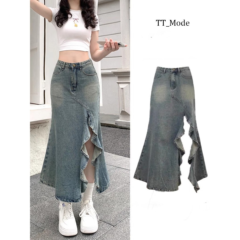 Jual Korean New Wanita Jeans Rok Highwaist Kasual Split Fishtail Rok ...