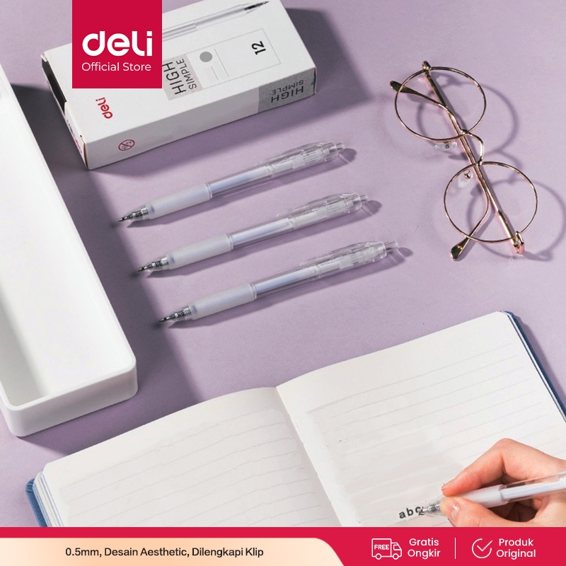 Jual Deli Gel Pen Pulpen Gel Retractable Tinta Hitam 0.5mm A057B-01 12 ...