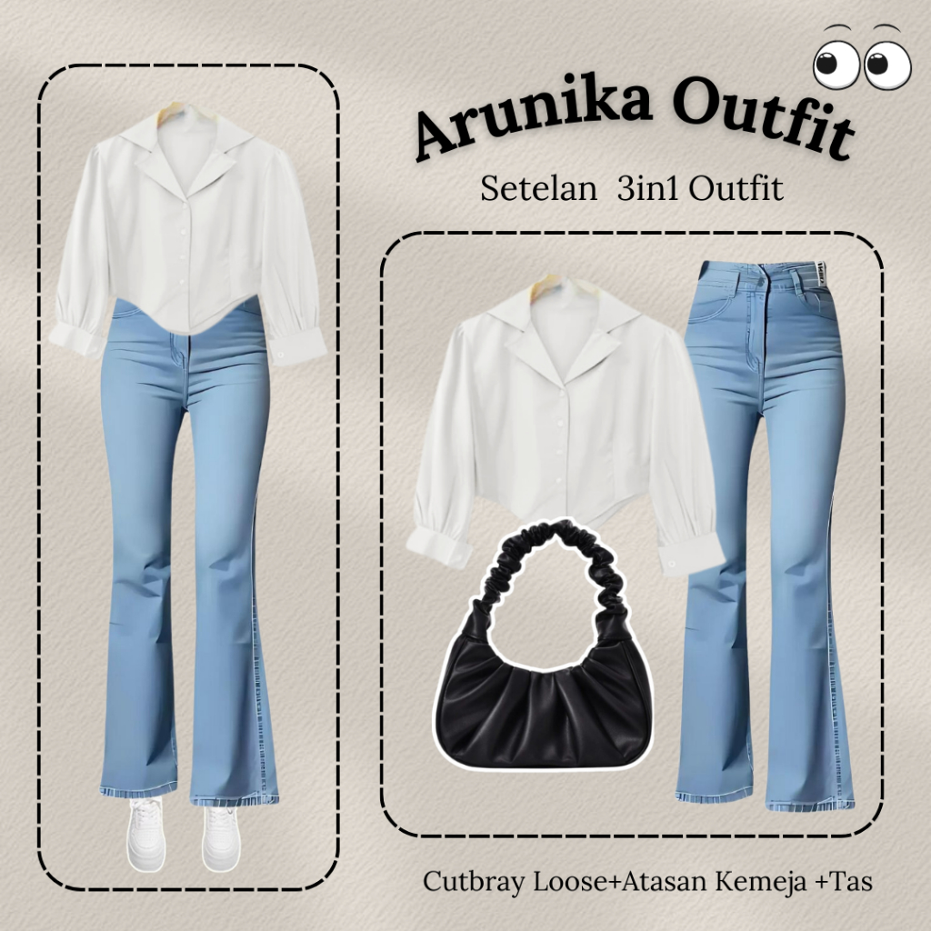 Jual 3in1 One Set Korean Style Cutbray Jeans + Atasan Kemeja + Tas ...