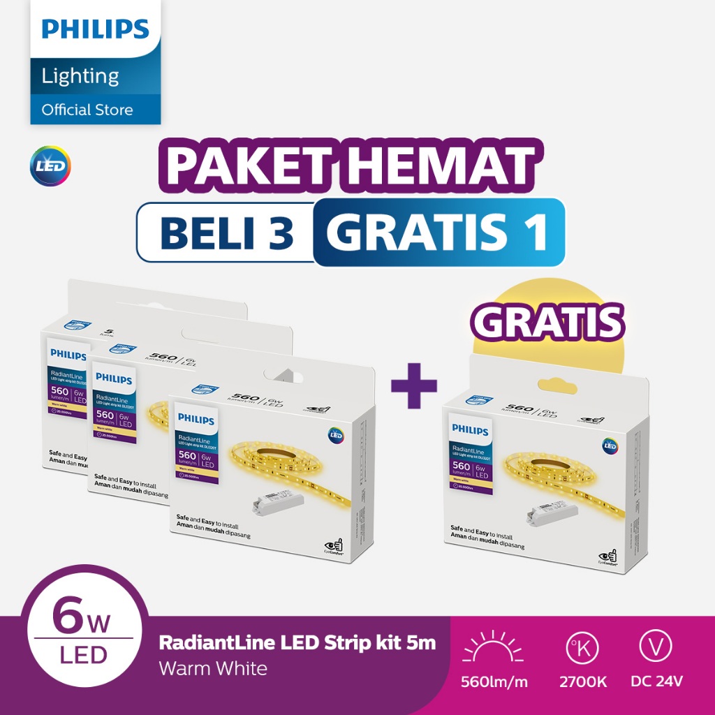 Jual Beli 3 Gratis 1 Philips Radiantline LED Strip DLI320 5M 6W/M 2700K ...