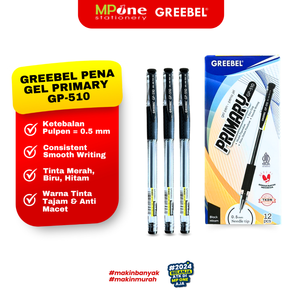 Jual (1 KOTAK) Greebel Pena Gel Primary GP-510 Ujung Lancip 0,5mm Tinta Hitam / Pulpen Gel Isi ...