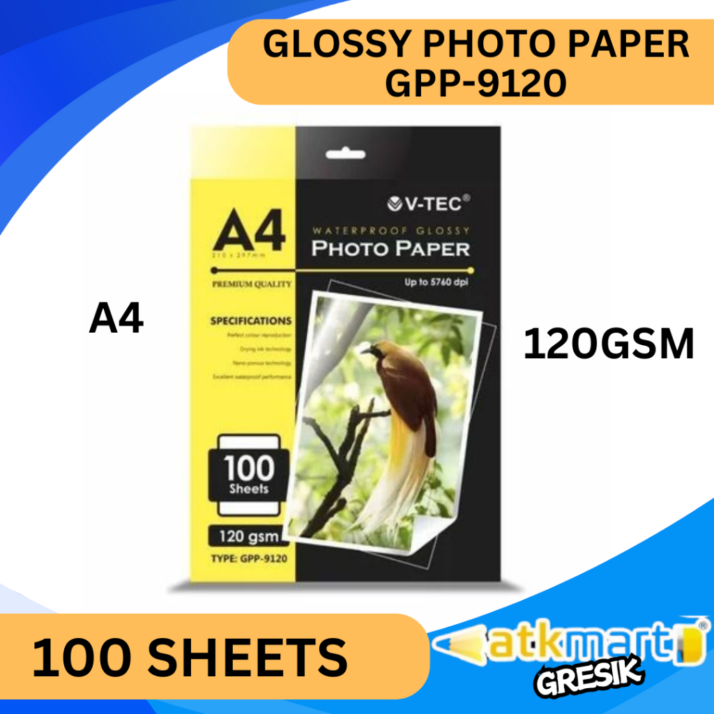 Jual V-TEC GLOSSY PHOTO PAPER KERTAS FOTO GPP-9120 WP A4 120GSM ISI 100 ...