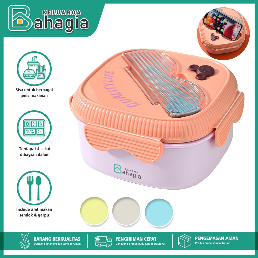 Jual [KB] Kotak Makan 2 Tingkat 3 Sekat FREE Sendok + Holder Hp BPA Free Anti Tumpah BPA FREE ...