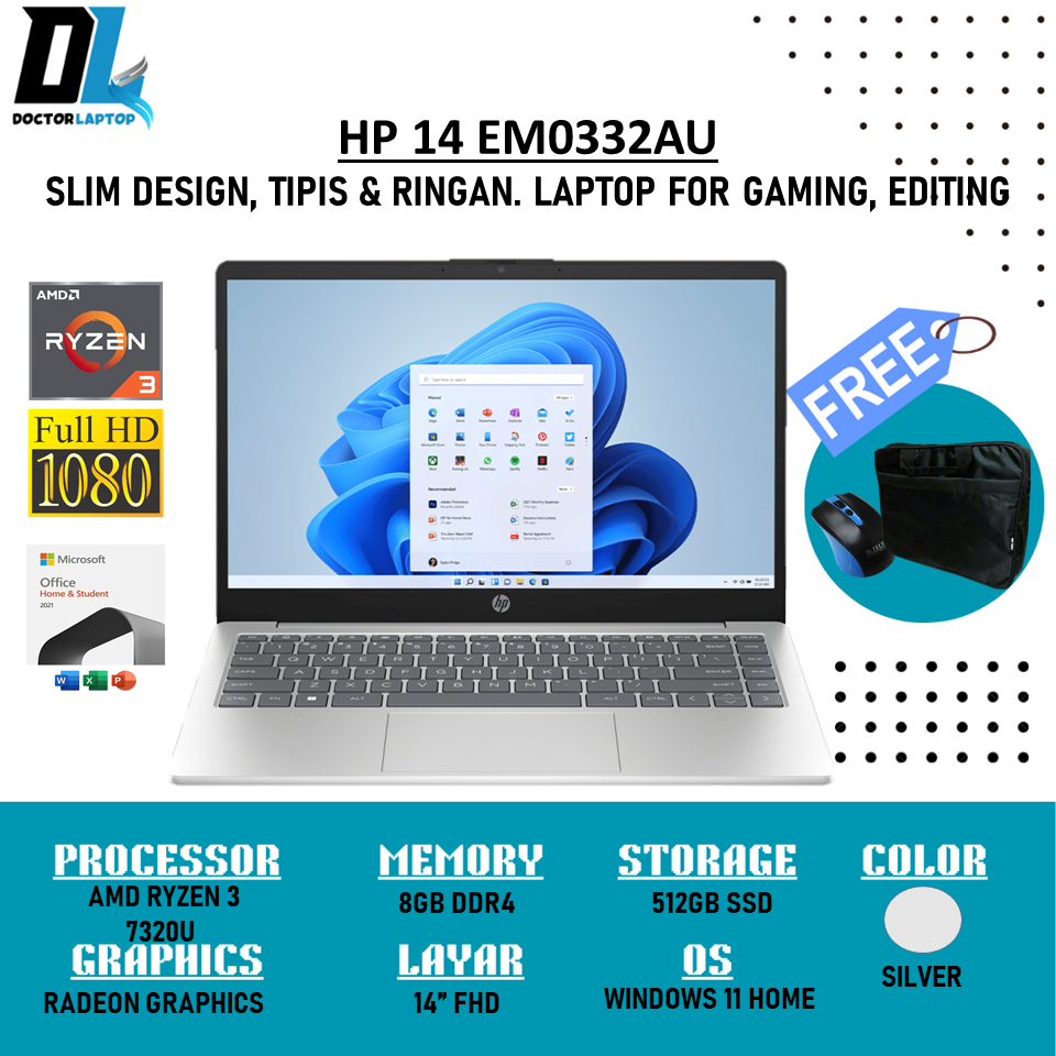 Jual Laptop Slim Design HP 14 EM0332AU Ryzen 3 7320U 8GB DDR5 512GB SSD ...
