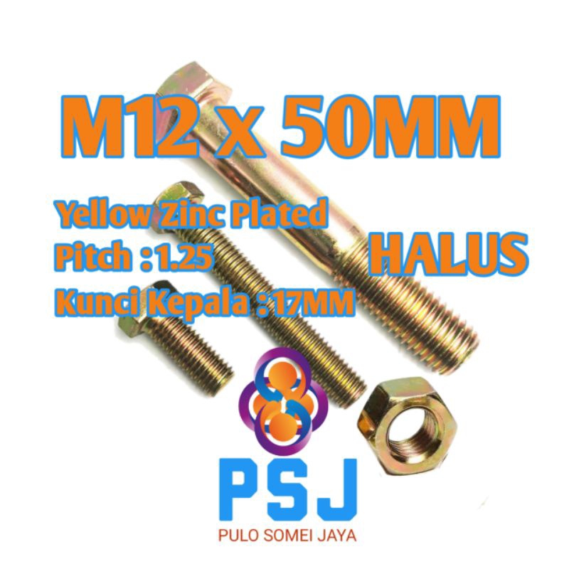 Jual Baut Mur Hexagon Kuning M12 x 50 Halus / BMK Hexagon Kunci 17 | Shopee Indonesia