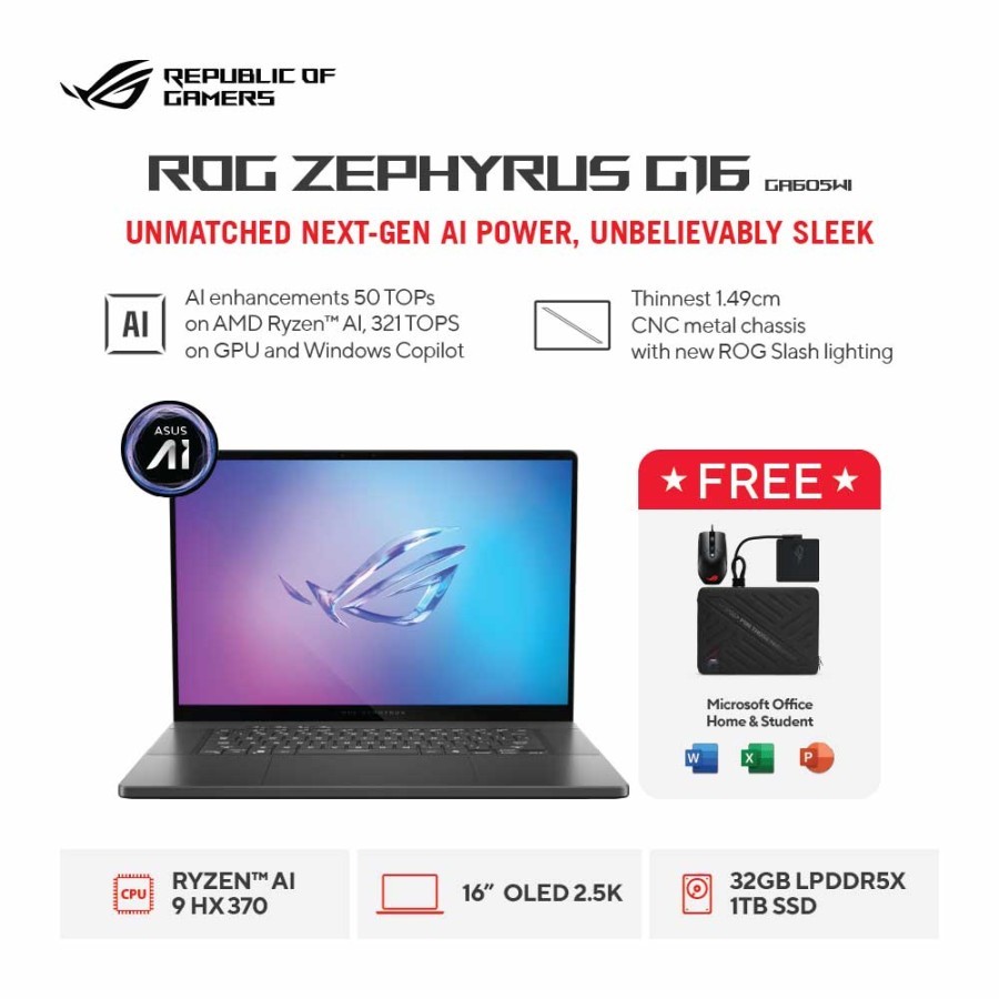 Jual ASUS ROG Zephyrus G16 Ryzen AI 9-HX 370/32GB/1TB SSD/RTX4070 8GB/G ...