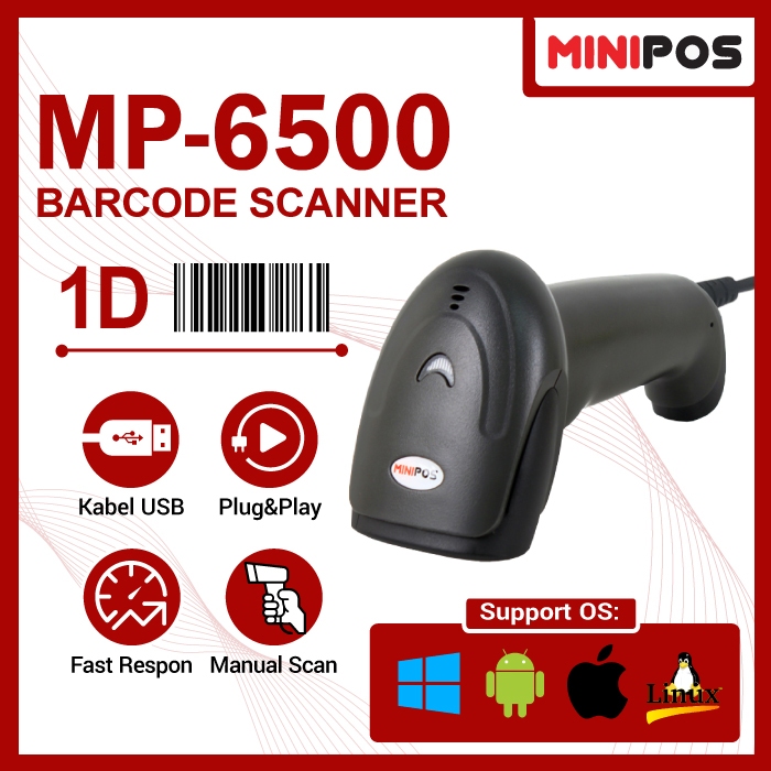 Jual Barcode Scanner 1D MiniPOS MP-6500 Manual Scan Kabel USB Laser Tajam Stabil Awet | Shopee ...