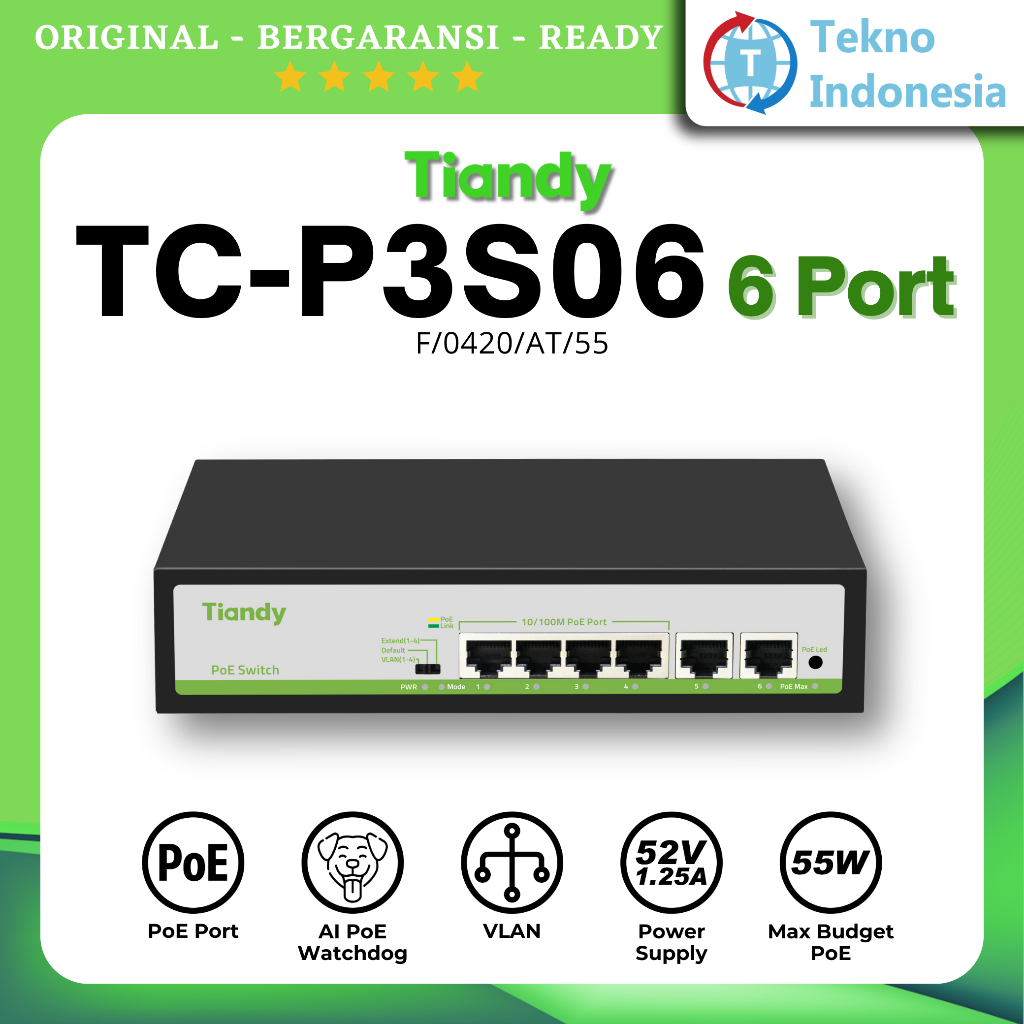 Jual Tiandy TC-P3S06 6Port PoE Switch Ethernet 4 PoE Ports + 2 RJ45 ...