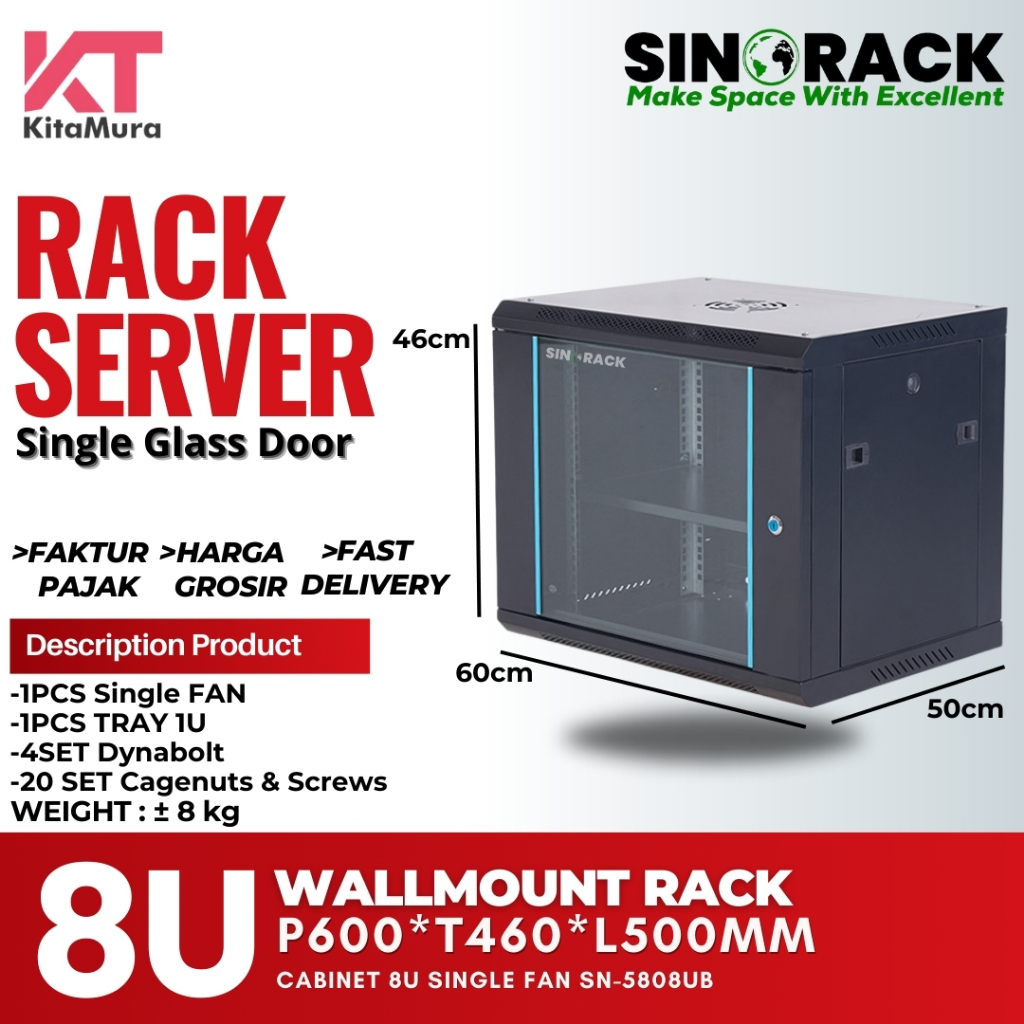 Jual Rack Server Wall Mount 8U Depth 50mm , Rack Server Single Door ...