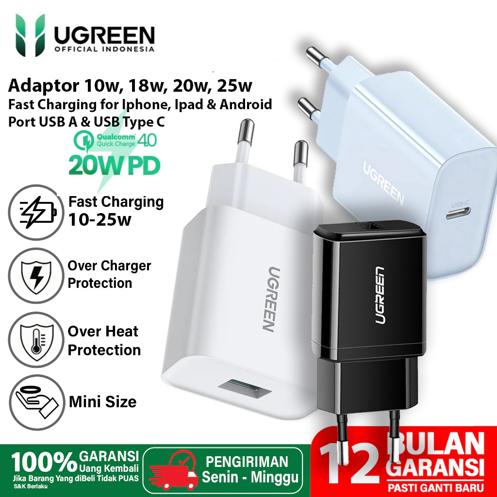 Jual UGREEN Kepala Charger Fast Charging USB A & Type C 10w, 18w, 20w, 25w Quick Charger Power ...