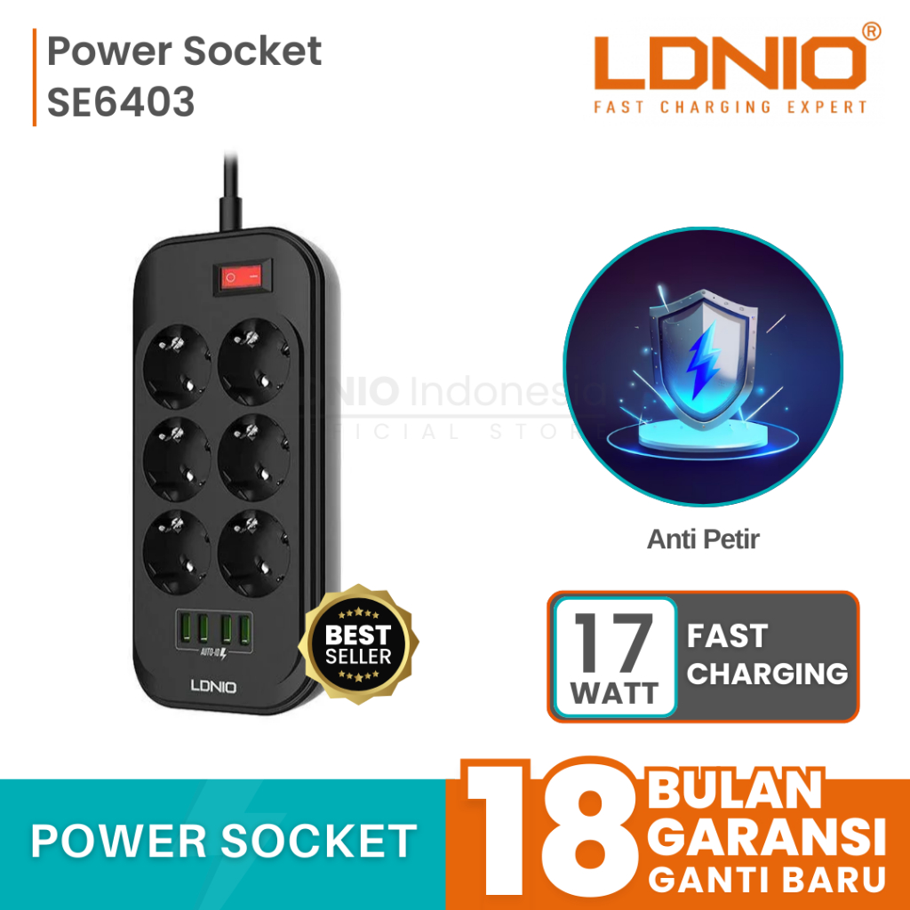 Jual LDNIO SE6403 Stop Kontak Power Socket 6 Socket 4 USB AUto-ID Original Garansi Resmi ...
