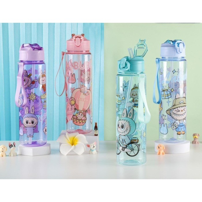 Jual Botol LABUBU/ Botol minum anak Sekolah Karakter Lucu Kapasitas 900 ML Dengan Sedotan + Tali ...
