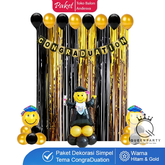 Jual Paket Dekor CongraDuations Hitam Gold / set dekorasi wisuda hitam ...