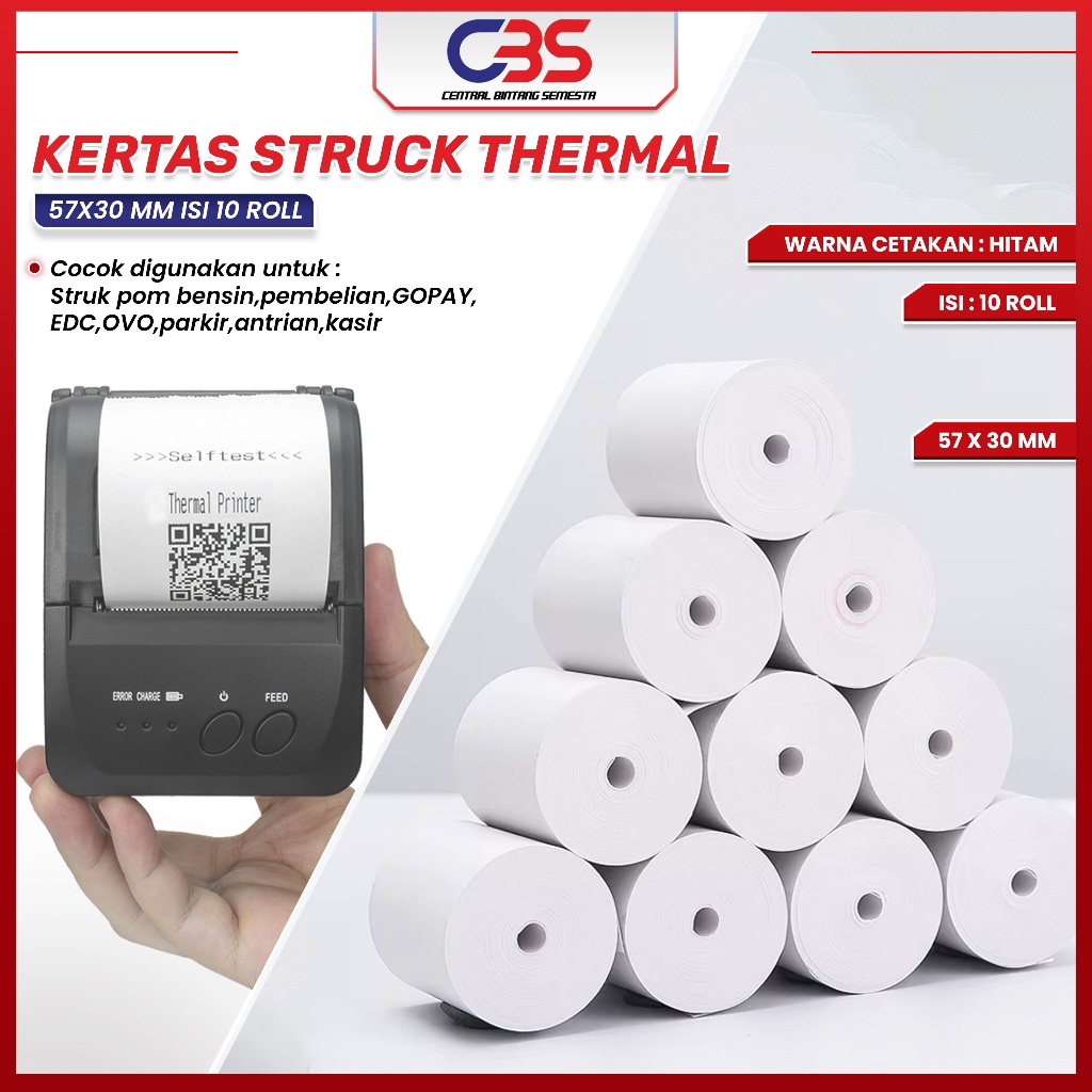 Jual (1 Paket Isi 10) KERTAS STRUK KERTAS PRINTER THERMAL 57 x 30 MM UNTUK PRINTER BLUETOOTH ...