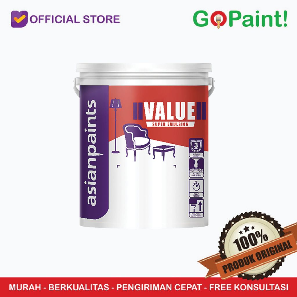 Jual CAT TEMBOK INTERIOR | ASIAN PAINT APKO VALUE SUPER EMULSION PUTIH 25 KG | KEMASAN PAIL ...