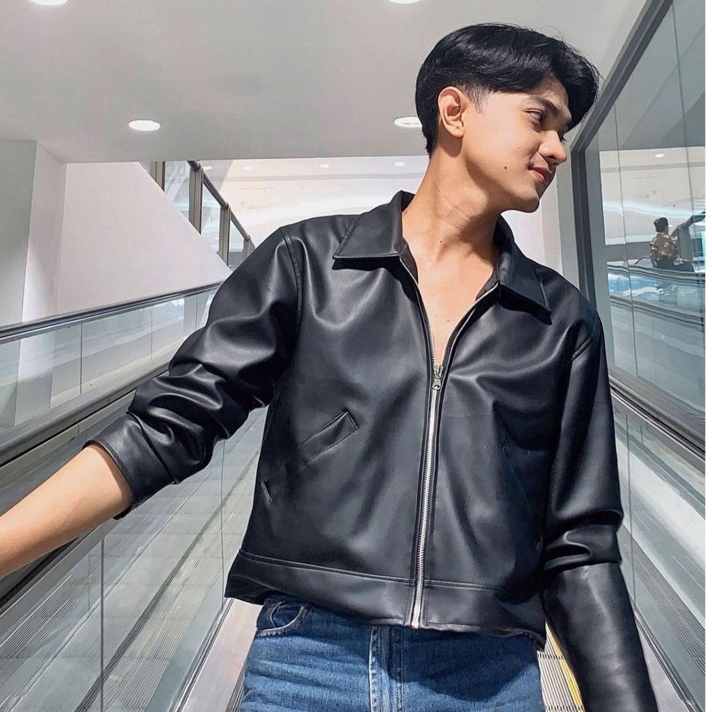 Jual Jaket Crop Pria Kulit Sintetis Hitam Jaket Boxy Zipper Keren Cowok ...
