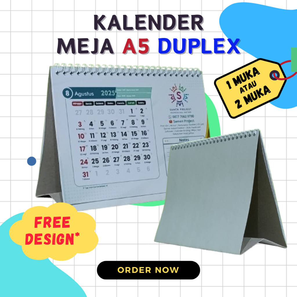 Jual Cetak Kalender Meja Duduk A5 Duplex Custom 3 6 7 Lembar 1 atau 2 ...