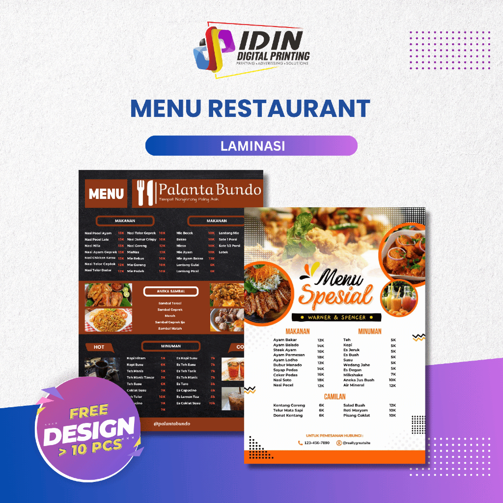 Jual Cetak Menu Restoran Satu Dua Sisi Laminasi Panas - Percetakan Idin ...