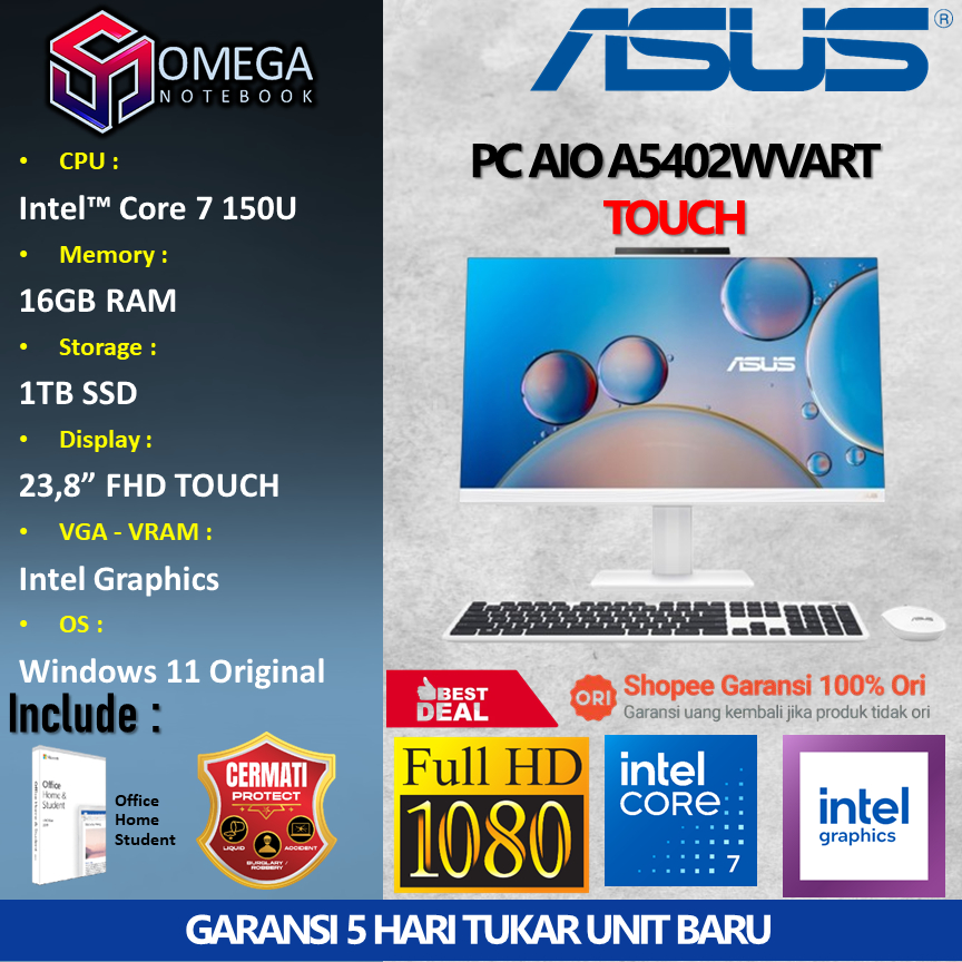 Jual ASUS PC ALL IN ONE AIO A5402WVART TOUCH Core 7 150U 16GB 1TB 23,8 ...